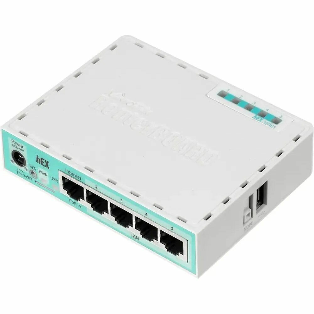 Роутер MikroTik hEX RB750Gr3 гигабитный, 4xRJ45 1Гбит/с, 1xRJ45+PoE IN, 1xUSB, 1xMicroSD