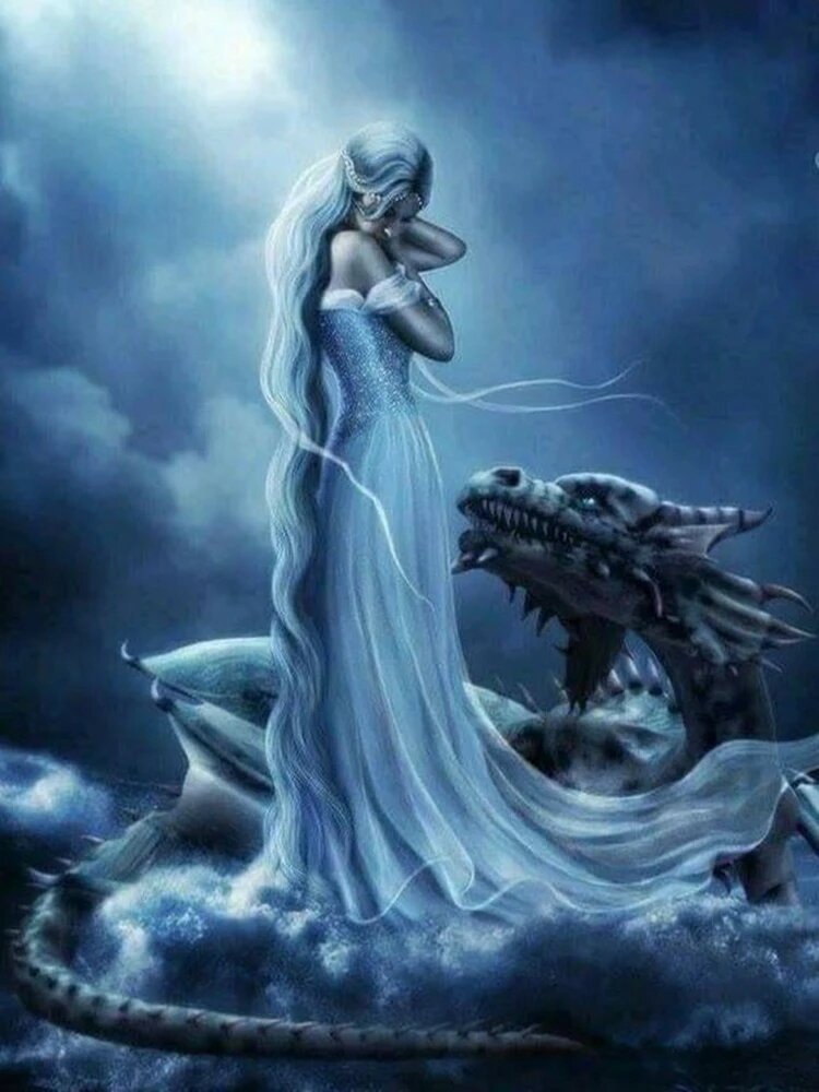 Алмазная мозаика на подрамнике "Девушка и дракон" круглые бриллианты 40х50см