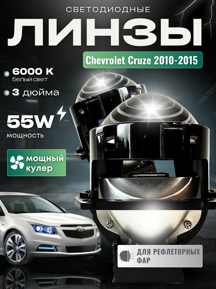 Би лед линзы 3 дюйма для Chevrolet Cruze 2010-2015 г. в. (на гайку), bi led линзы 3.0 в фары Шевроле Круз