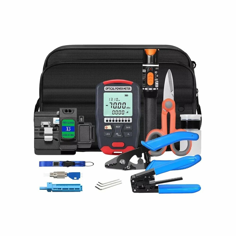Набор инструментов для работы с оптоволоконными кабелями, включающий резак для волокон, визуальный определитель неисправностей, оптический мощностной метр и других инструментов