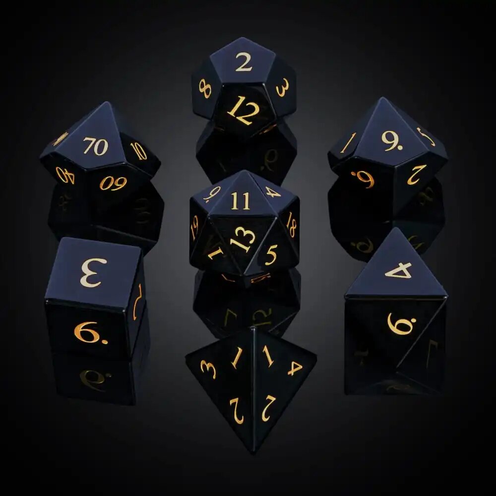 Cusdie, 7 кубиков из обсидиана ручной работы, набор кубиков из многогранного камня D4-D20, 16 мм, с кожаной коробкой, кубики D&D из драгоценных камней для коллекции