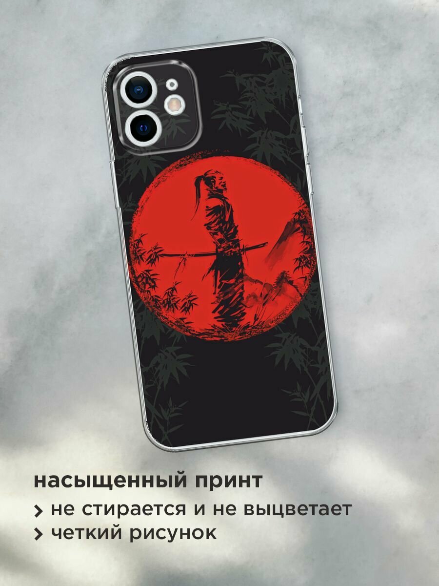 Чехол на Apple iPhone 12 mini / Айфон 12 Мини с принтом "Самурай на красном фоне" — фото 1