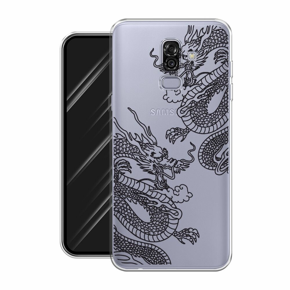 Чехол на Samsung Galaxy J8 / Самсунг Галакси Джей 8 с принтом "Два китайских дракона", прозрачный — фото 1