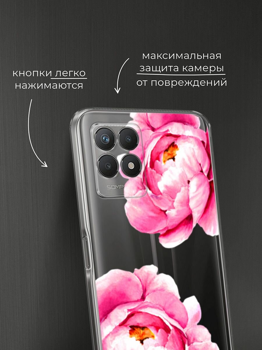 Чехол на Realme 8i / Реалми 8i с принтом "Open peonies", прозрачный — фото 1