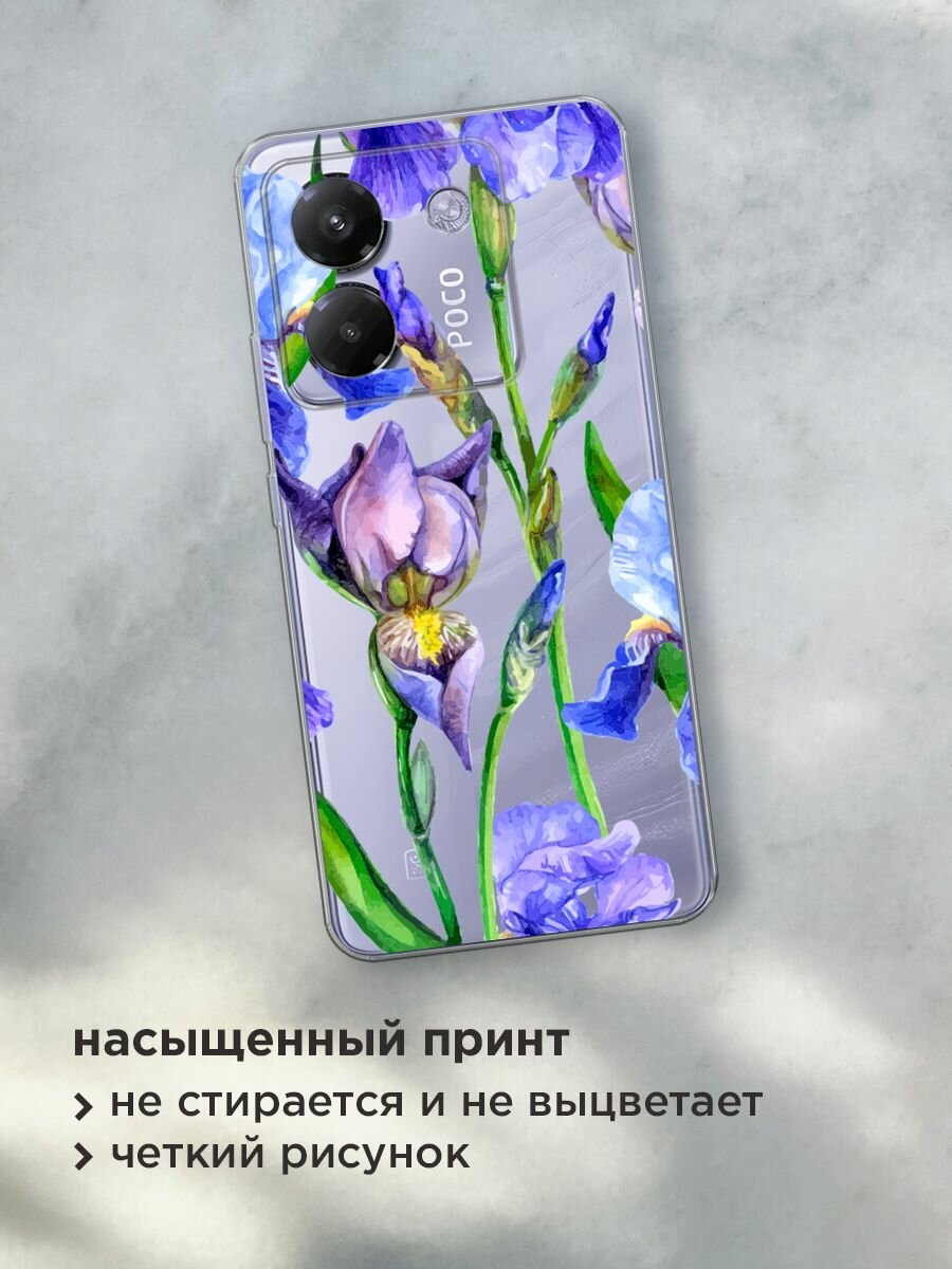Чехол на Poco M7 Pro / Поко М7 Про с принтом "Синие ирисы", прозрачный — фото 1