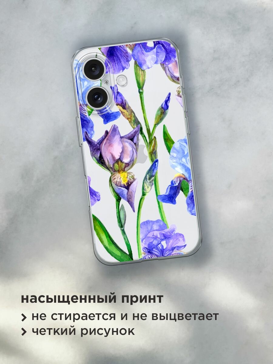 Чехол на Apple iPhone 16 / Айфон 16 с принтом "Синие ирисы", прозрачный — фото 1