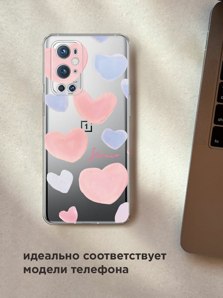 Чехол на OnePlus 9 Pro / ВанПлас 9 Про с принтом "Пастельные сердечки", прозрачный — фото 1