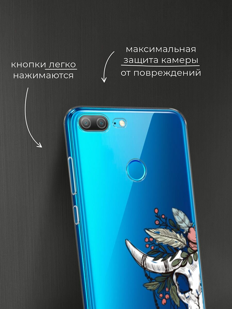 Чехол на Honor 9 Lite / Хонор 9 Лайт с принтом "Череп быка с цветами", прозрачный — фото 1