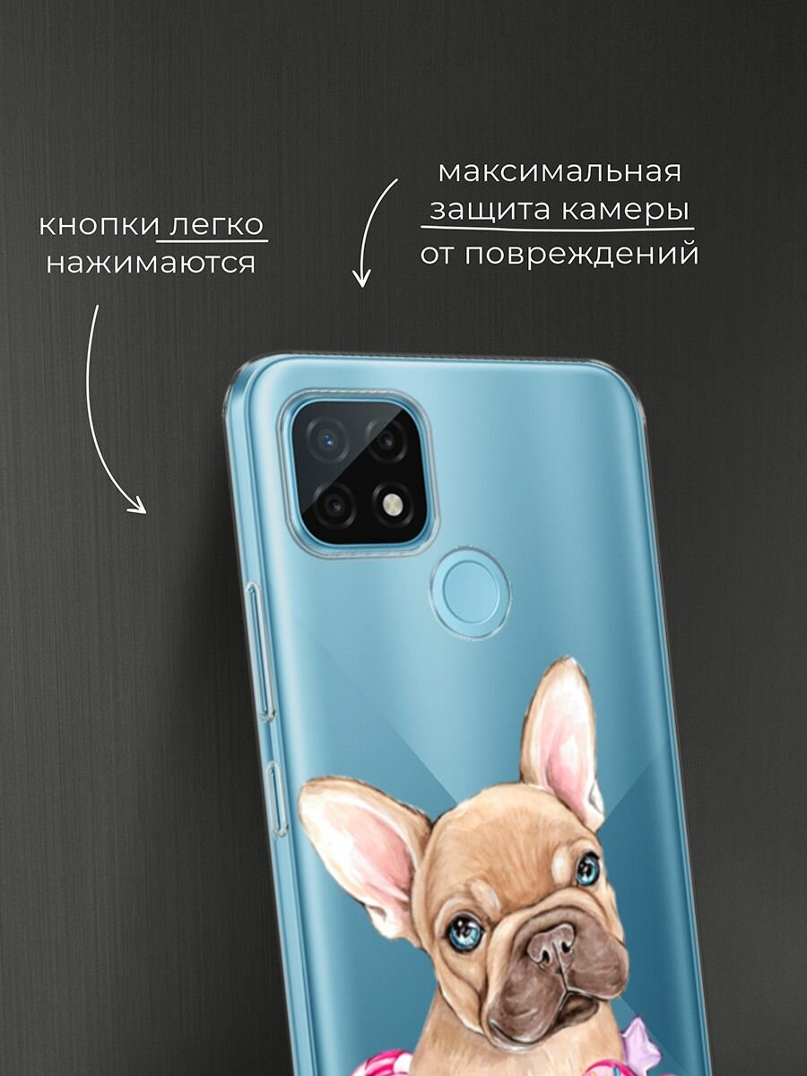 Чехол на Realme C21 / Реалми С21 с принтом "Бульдог и сладости", прозрачный — фото 1