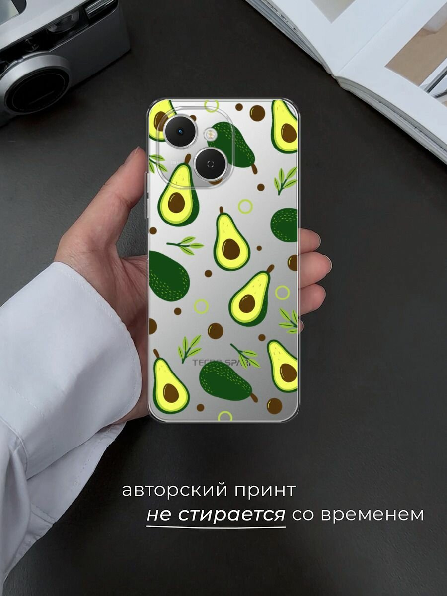 Чехол на Tecno Spark 40C / Текно Спарк 40C с принтом "Авокадо паттерн", прозрачный — фото 1