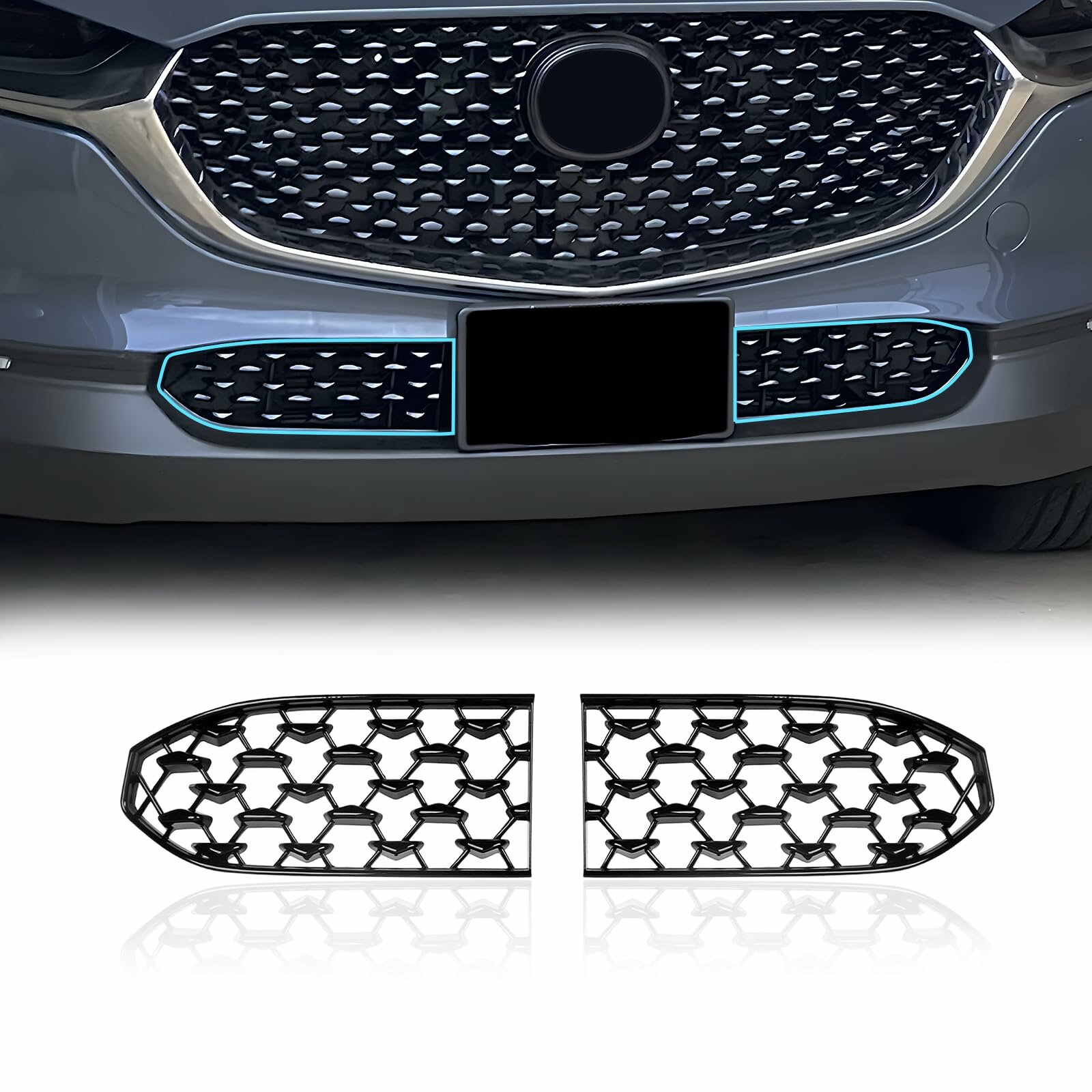 Malla de parrilla frontal compatible con Mazda CX-30 2023 2024 2025, accesorios exteriores de coche, material ABS, 2 unidades, tamaños 30cm y 32cm, para modelos con placa delantera, sin pegamento ni perforación, instalación fácil con cinta doble cara