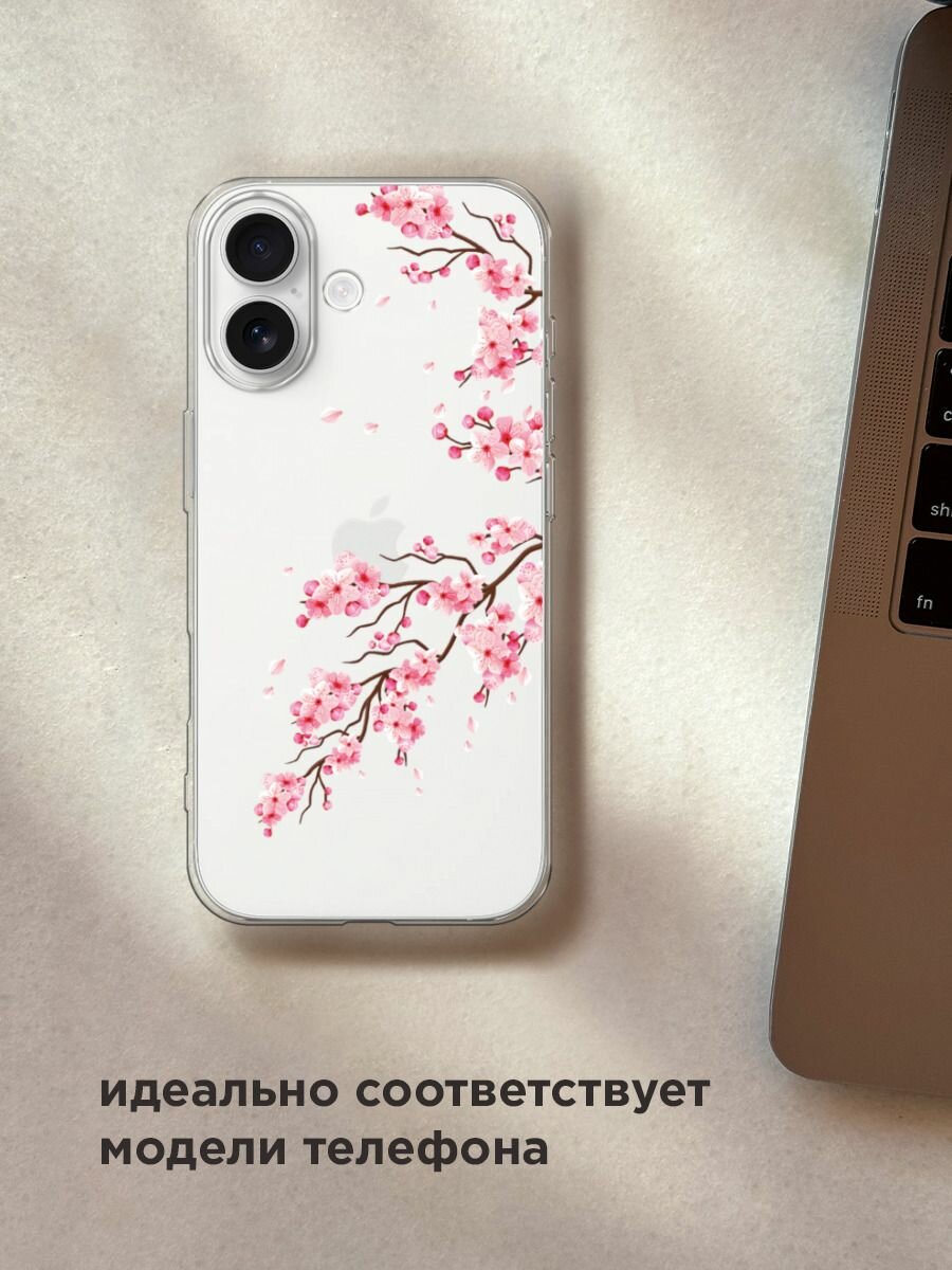 Чехол на Apple iPhone 17 / Айфон 17 с принтом "Цветущая ветка сакуры рисунок", прозрачный — фото 1