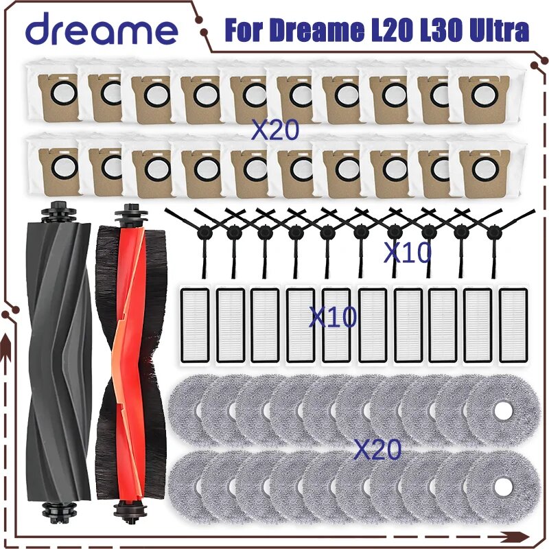 Dreame Bot L20 Ultra/L30 Ultra запасные части, аксессуары, основная боковая щетка, фильтр Hepa, швабра, мешок для пыли, 62PCS