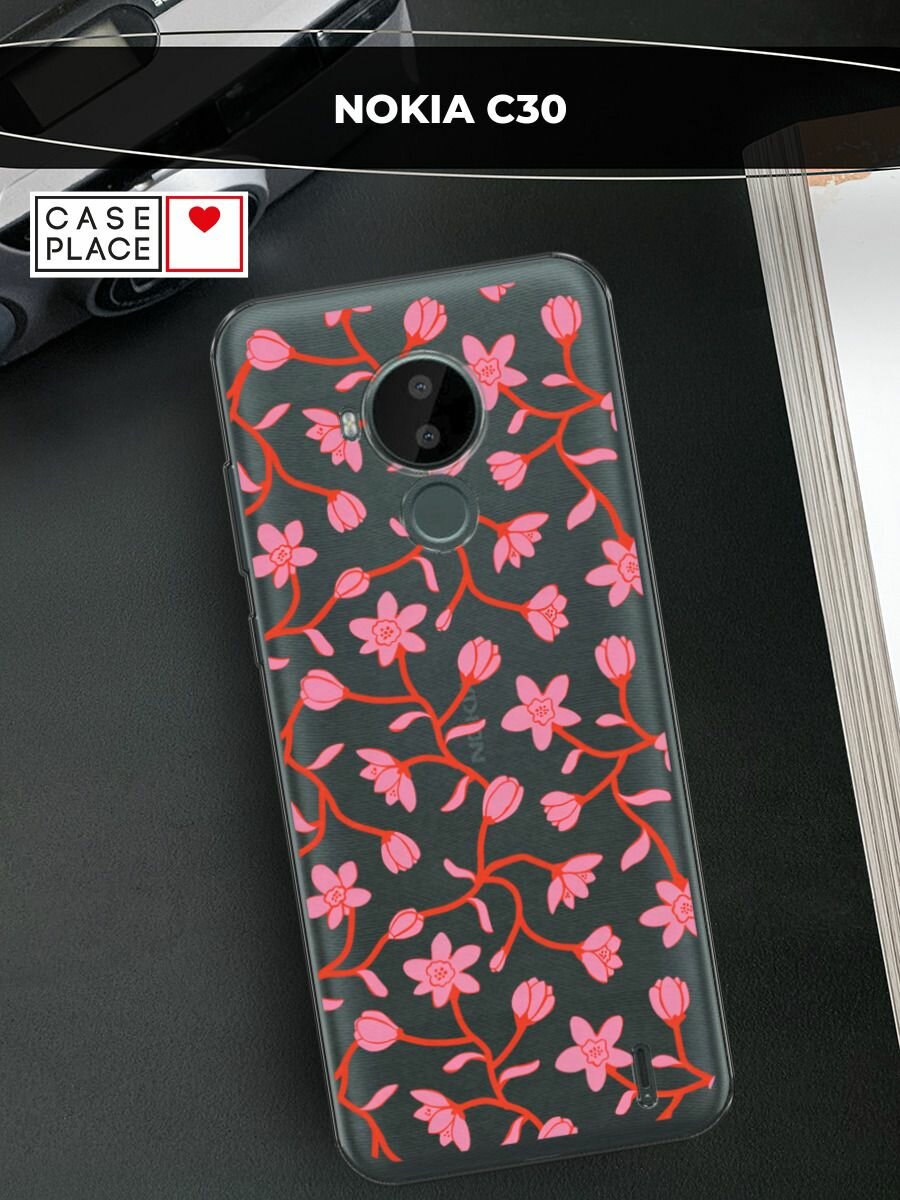 Чехол на Nokia C30 / Нокия C30 с принтом "Красное переплетение веточек", прозрачный