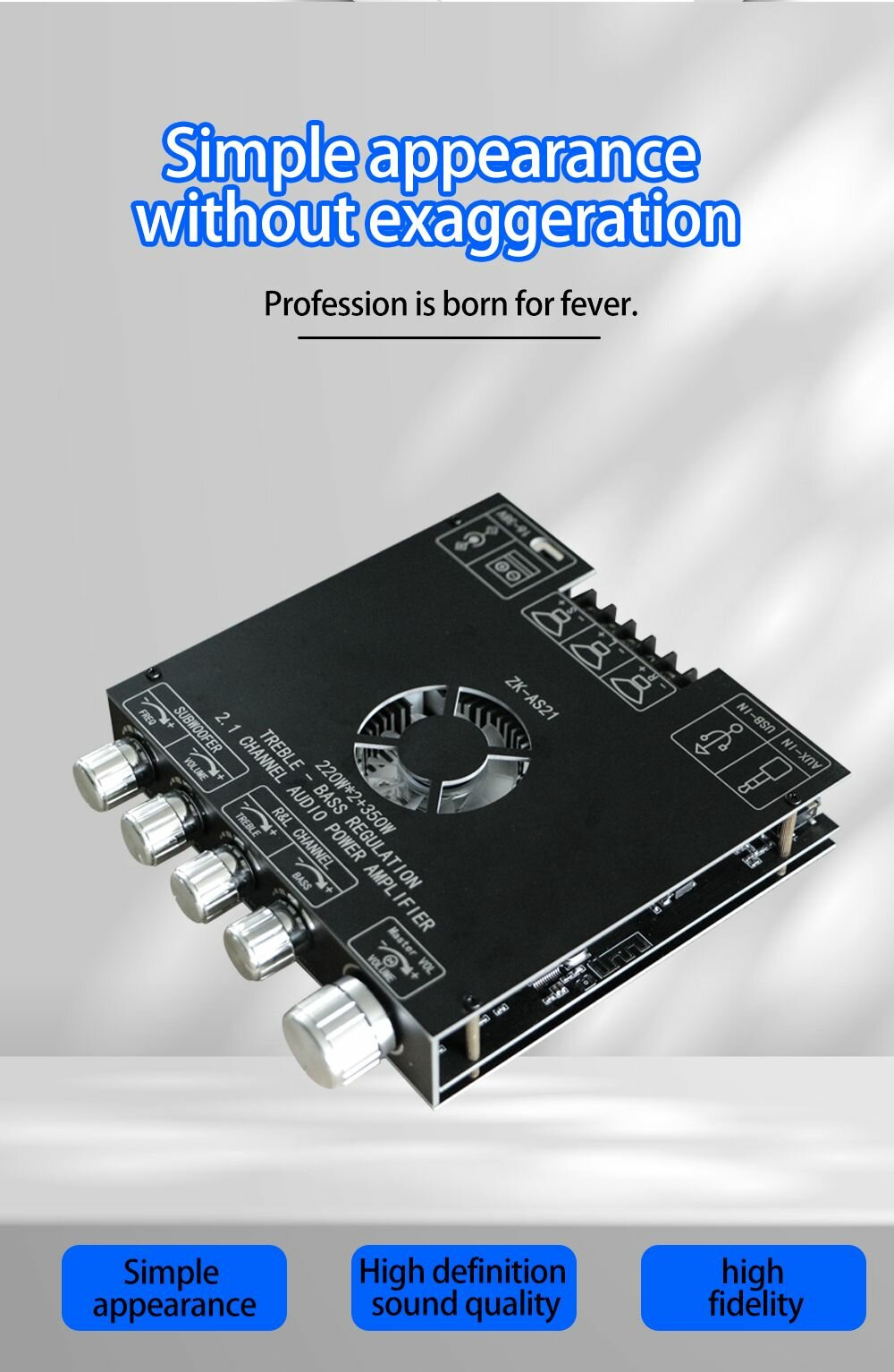 ZK-AS21 2,1-канальный TPA3255 Bluetooth-совместимый цифровой усилитель мощности, модуль платы сабвуфера с высокими басами 220WX2 + 350 Вт