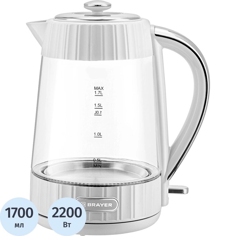 Чайник BRAYER 1076BR, электрический, 2200Вт,1,7л, стекл. корп, VNQ by STRIX