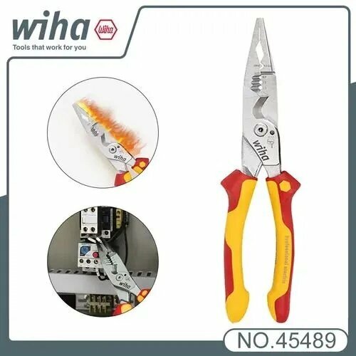 Wiha 45489 Подлинник, 8 в 1 Многоцелевые изолированные клещи для электриков, VDE Острые клещи для зачистки и обжима проводов,