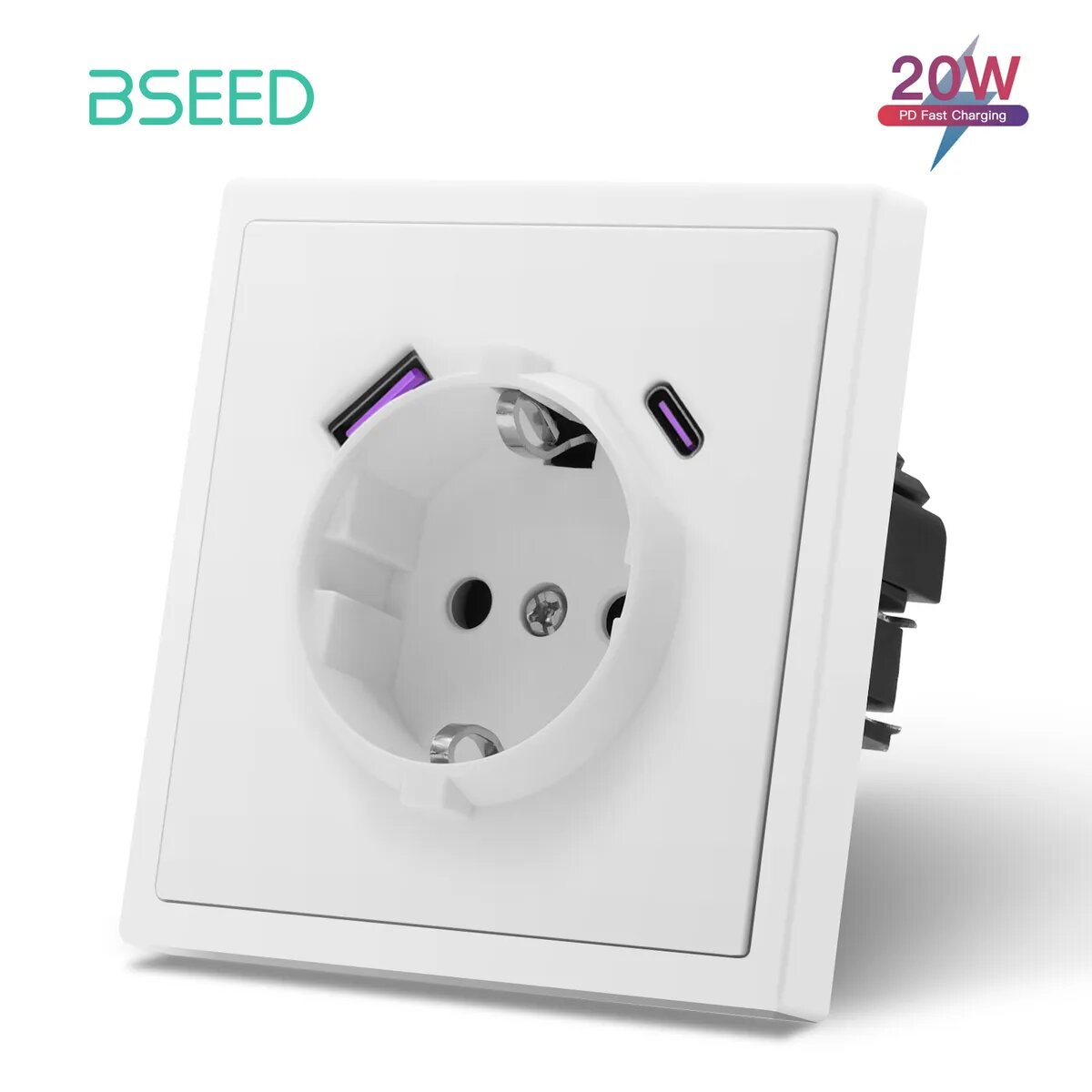 Розетка одинарная с USB и type-C входами, быстрая зарядка 20W Настенный розетка с когтями, PC рамка Белая