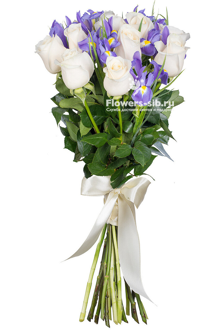Букет из 11 белых роз и 7 ирисов, оформленный атласной лентой
