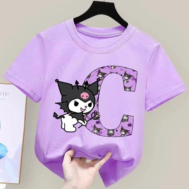 Детская футболка Sanrio Kuromi с милым мультяшным принтом в виде букв AZ и аниме, модная одежда для девочек, топы из хлопка с короткими рукавами для малышей, Размер:130