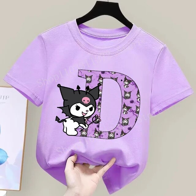 Детская футболка Sanrio Kuromi с милым мультяшным принтом в виде букв AZ и аниме, модная одежда для девочек, топы из хлопка с короткими рукавами для малышей, Размер:130