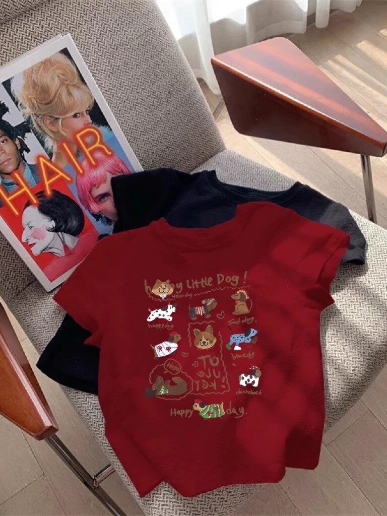 Футболка из чистого хлопка темно-синего цвета с короткими рукавами для женщин, популярный в 2025 году топ с американским принтом, круглым вырезом и прямыми плечами, блузка в стиле горячей девушки, Красный жожоба, размер：M