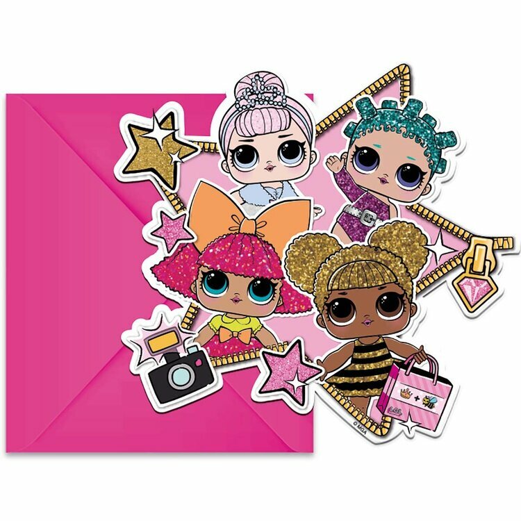 Набор приглашений КНР Куклы ЛОЛ, конверты, бумажные, 6 шт
