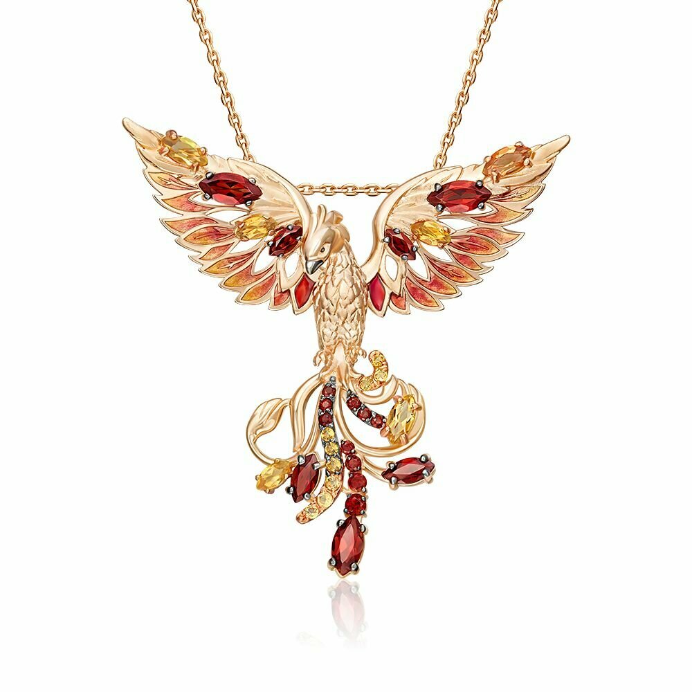 Подвеска, красное золото, 585 проба, гранат, эмаль, цитрин