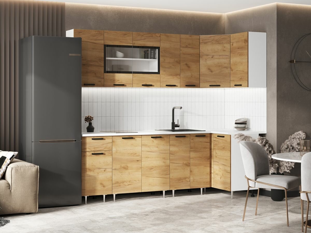 Кухонный гарнитур 2,4х1,0м Рио NEW дуб крафт, белый со столешницей, МИФ