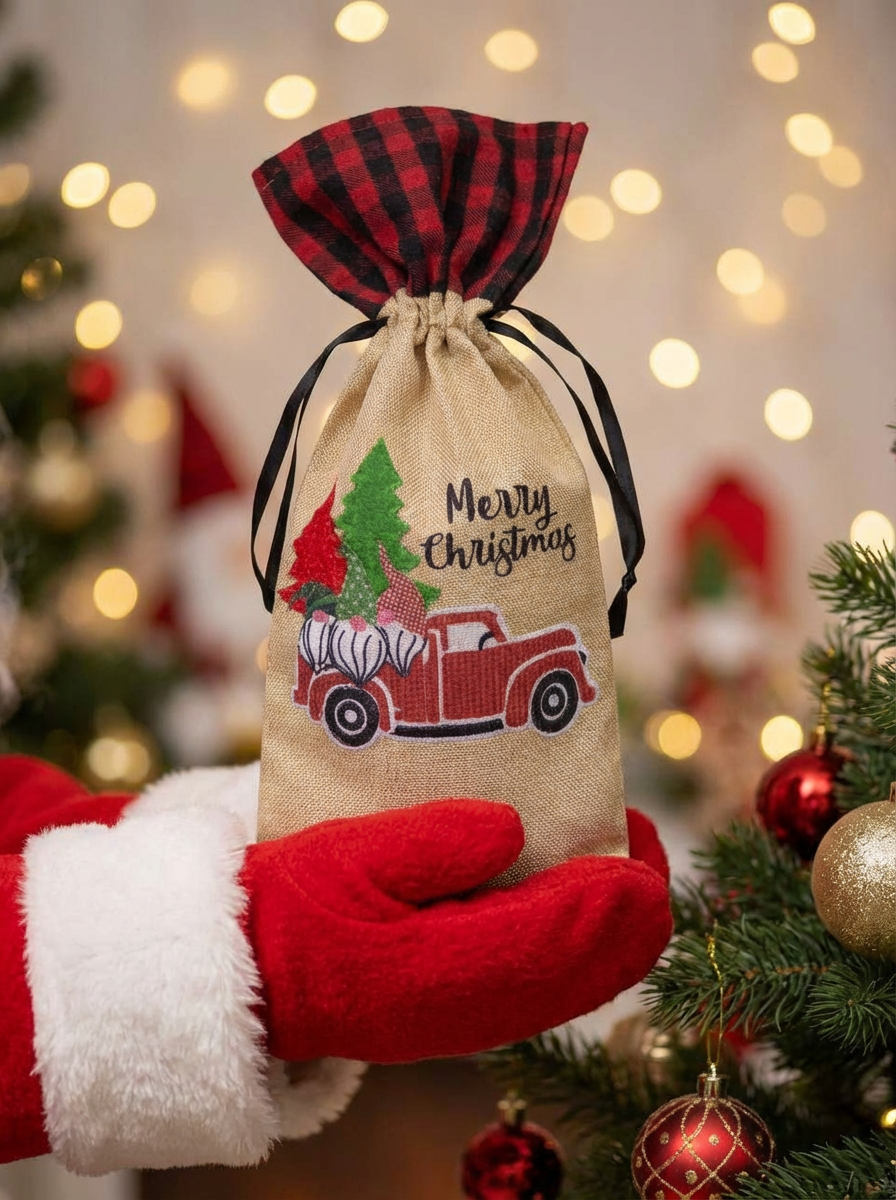 Новогодний подарочный текстильный мешок гномы с ёлочками на машине, размер: 37*15 см
