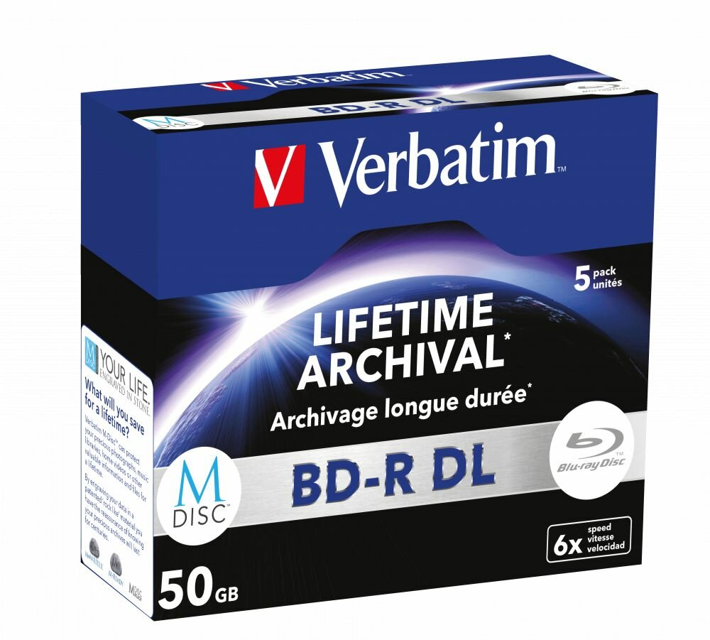 Оптические диски Verbatim для записи MDISC BD-R DL 50 ГБ 6X 5 шт. в коробках