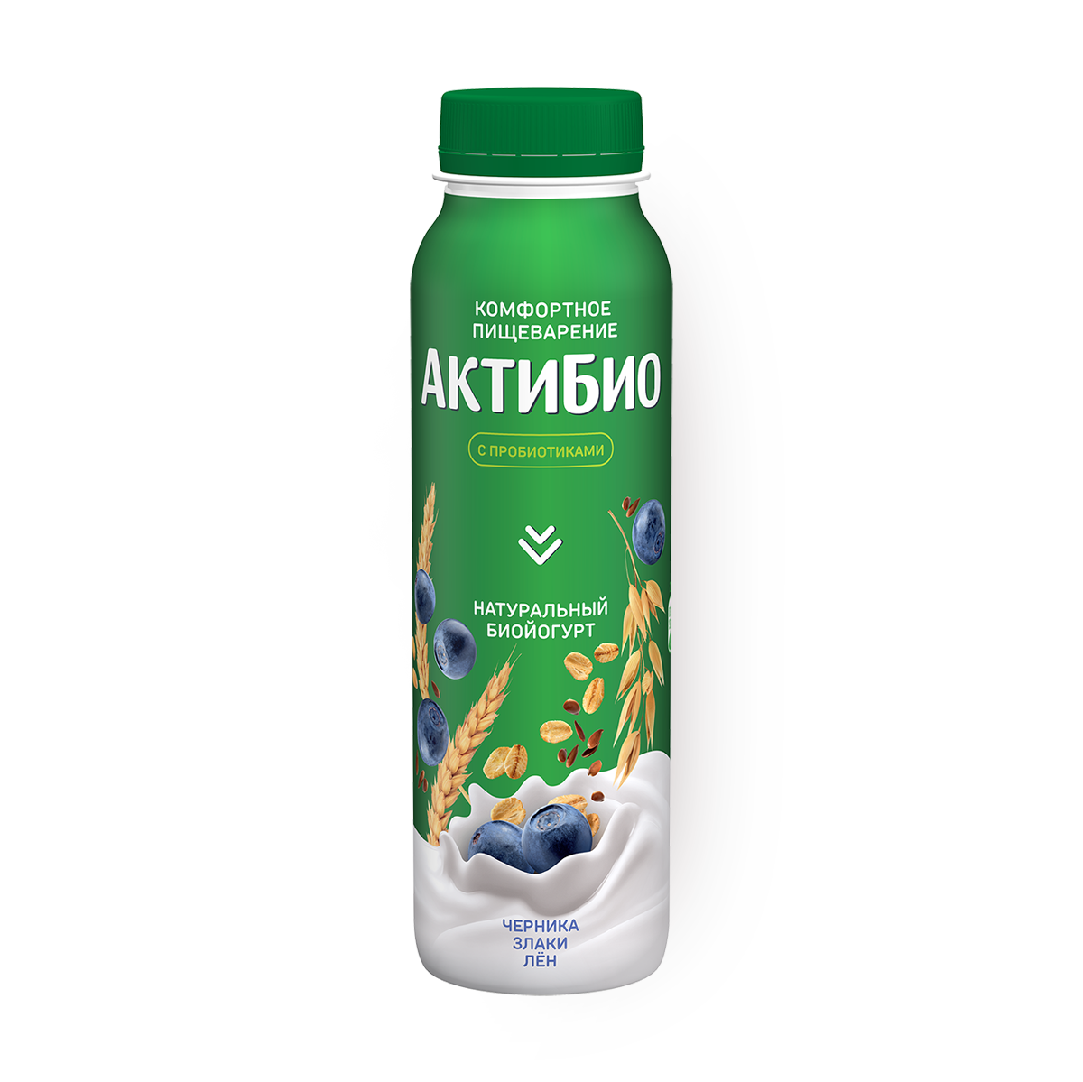 Биойогурт АктиБио Черника-Злаки-Лён, 1,6% жирности, пластиковая бутылка, 260 г
