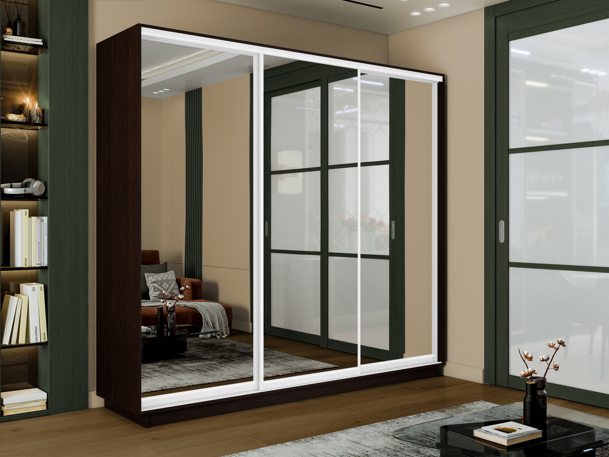 Шкаф купе Вилли 3-х дверный ЛДСП, зеркальные двери, профиль белый 180 см х 220 см х 45 см (Венге)