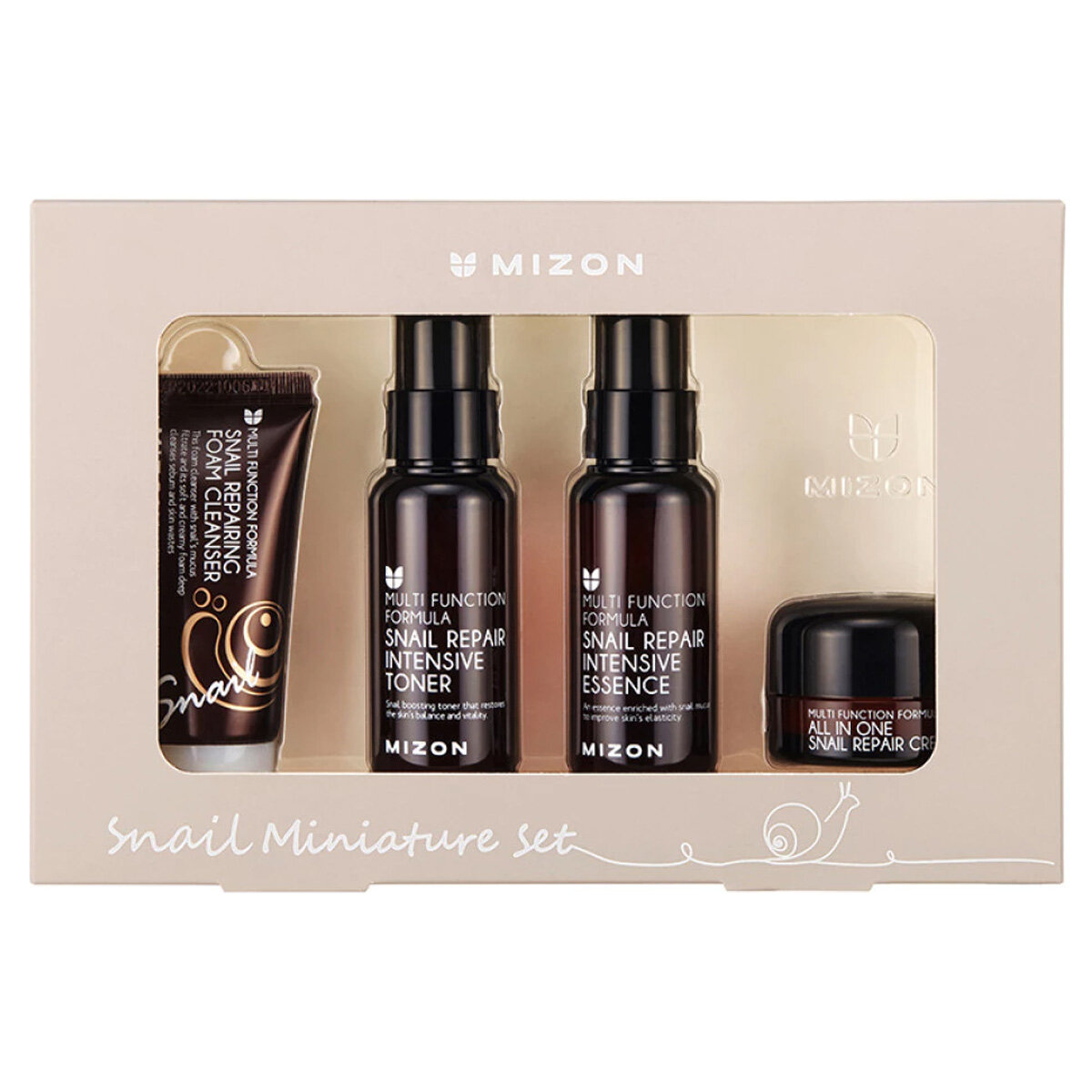 Mizon Набор для лица Snail Miniature (пенка для умывания 30мл + тонер 50мл + эссенция 50мл + крем 15мл)