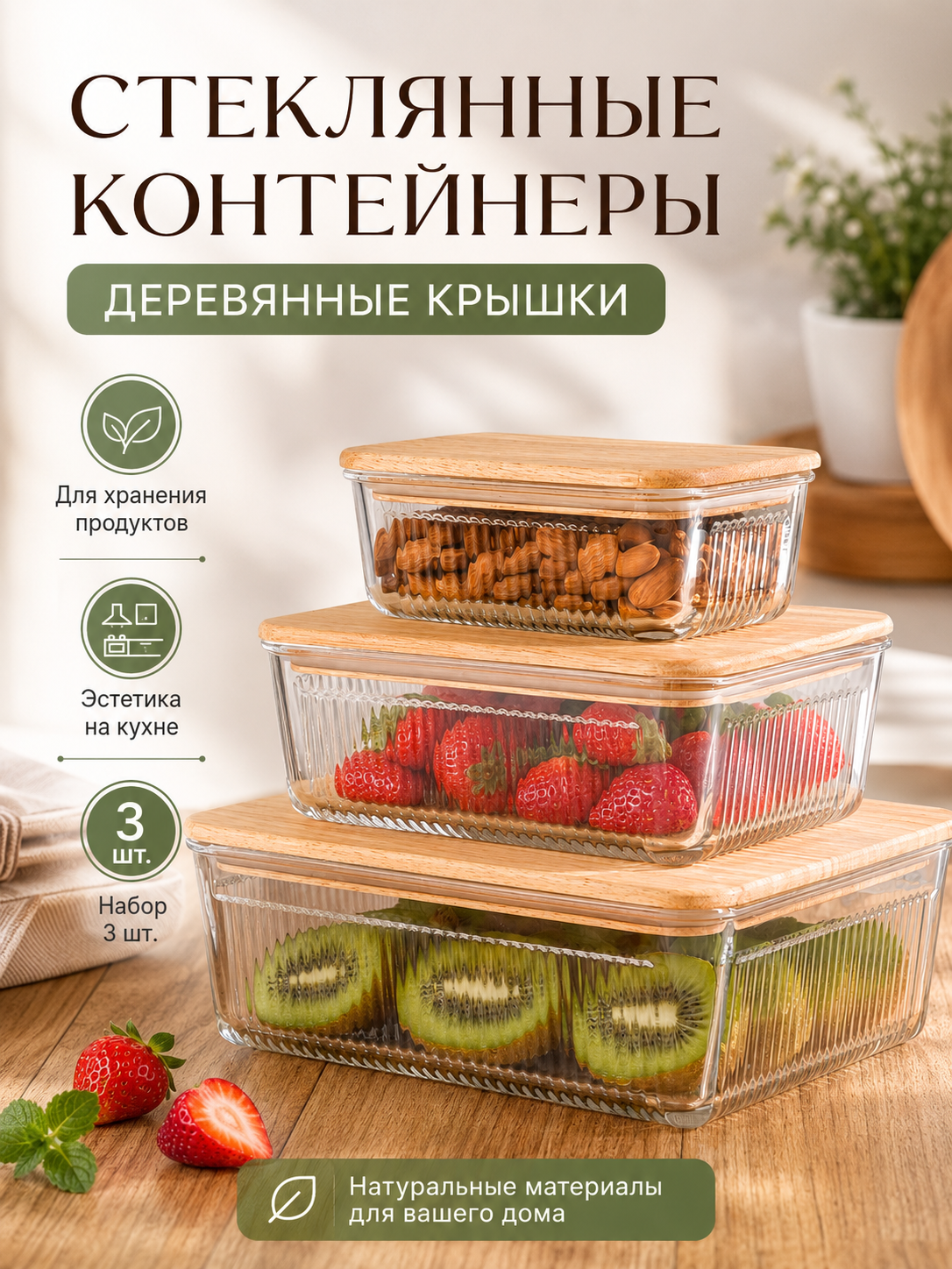 Набор стеклянных контейнеров с крышками для хранения продуктов