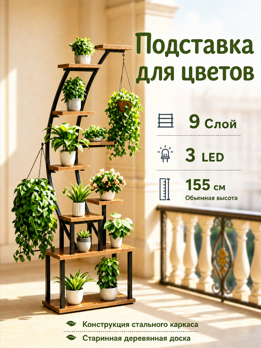 Подставка для цветов с фитолампой регулируемой 9-ярусная напольная, для дома, балкона, рассады 155 см