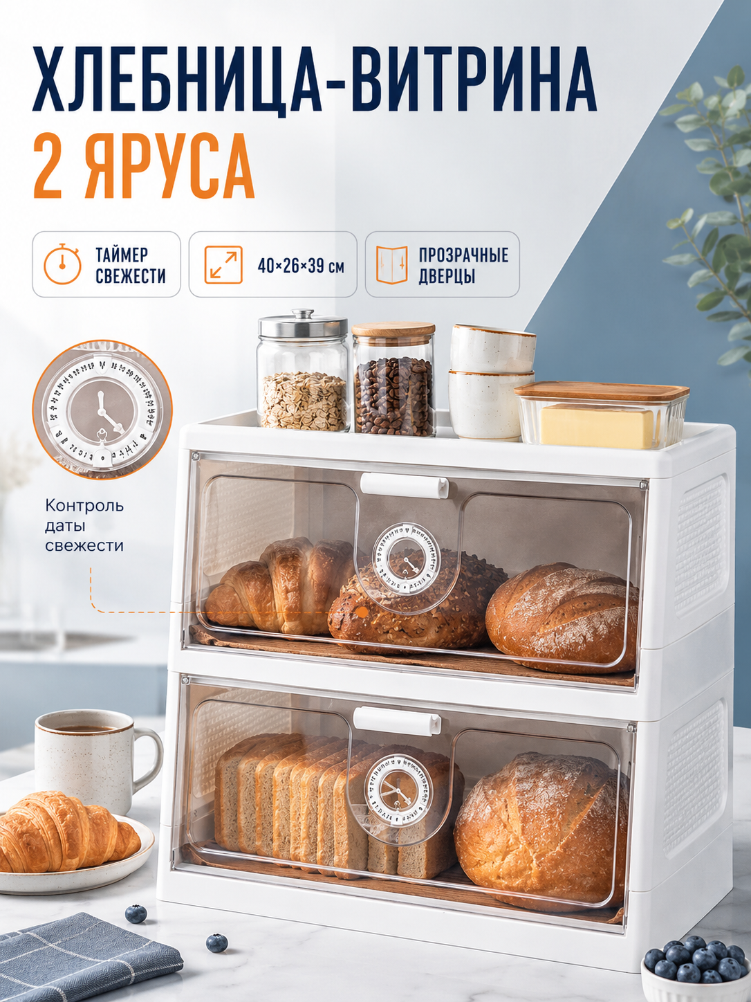 Хлебница с таймером двухъярусная прозрачная пластиковая 40.5x26.5x39см белая 1 шт