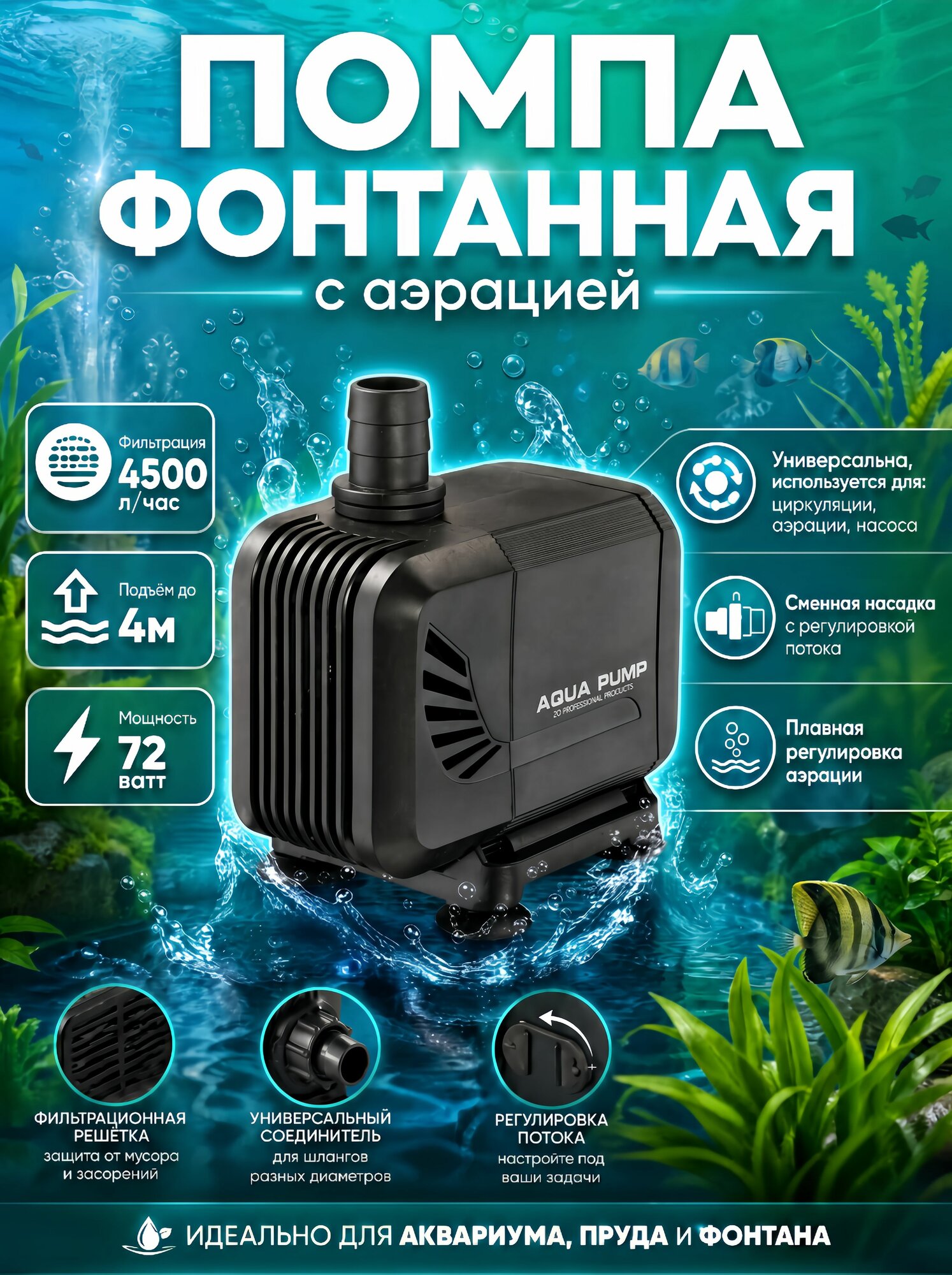 Погружной насос 4500 л/ч для аквариума, фонтана, пруда с аэрацией и регулировкой напора 4 м, 72 Вт, тихий энергосберегающий