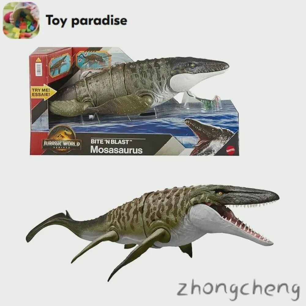 Фигурка мозазавра Bitten Blast от Mattel Jurassic World Rebirth и мини-дилофозавр, игрушечный динозавр с широкой челюстью, можно