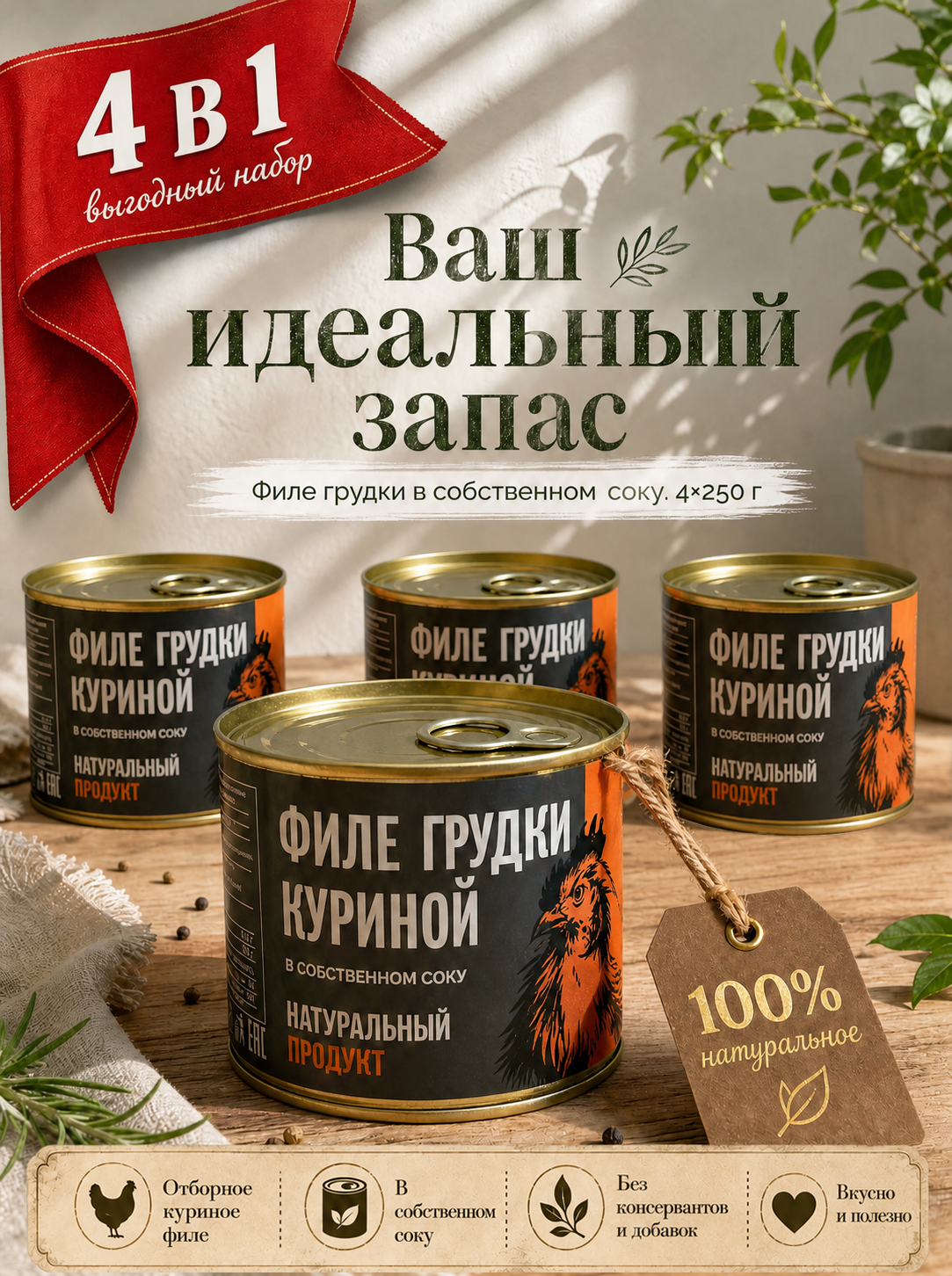 Консервы филе грудки куриной, натуральное, в собственном соку, 4 шт, по ГОСТ