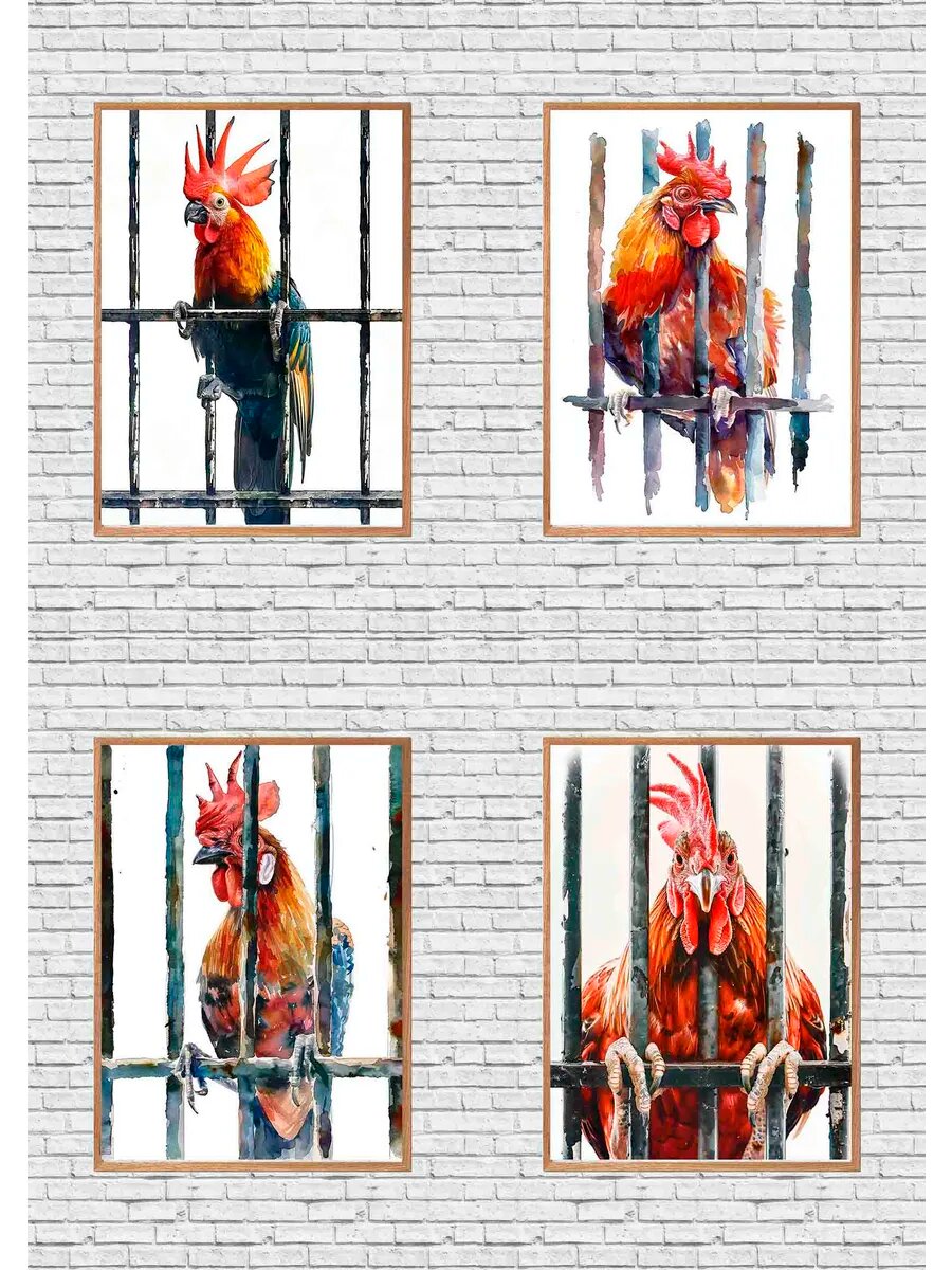 Петух-птица-преступник в тюрьме, 4 Плаката, 30x21см