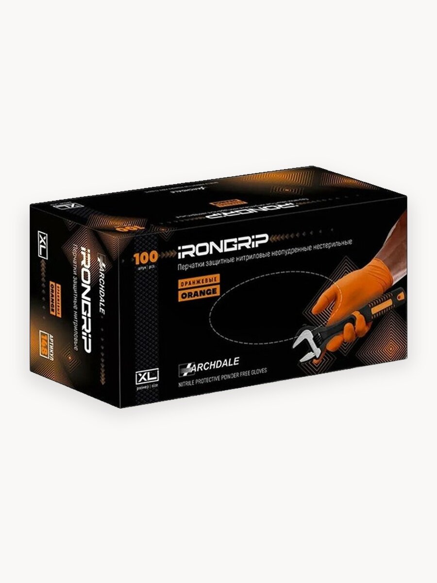 Нитриловые перчатки ARCHDALE IRONGRIP, L, 100шт, 50 пар, оранжевые, повышенная прочность