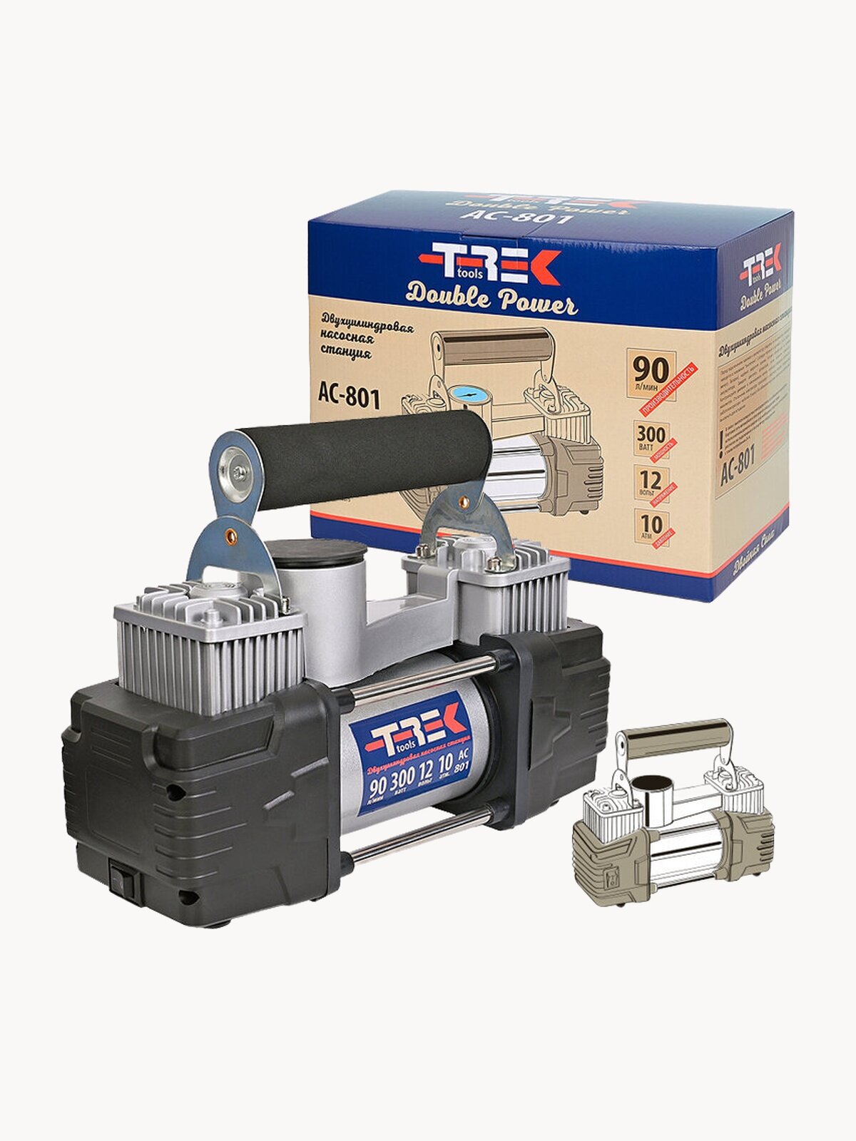 Компрессор автомобильный двухпоршневой (90 л/мин) TREK в сумке, AC801TR