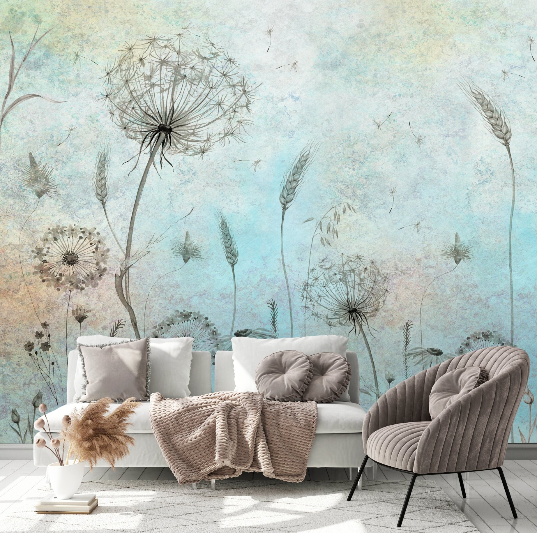 Флизелиновые фотообои на стену "Одуванчики и травы на бирюзовом фоне" 300х270 см. /Арт фотообои с цветами и растениями