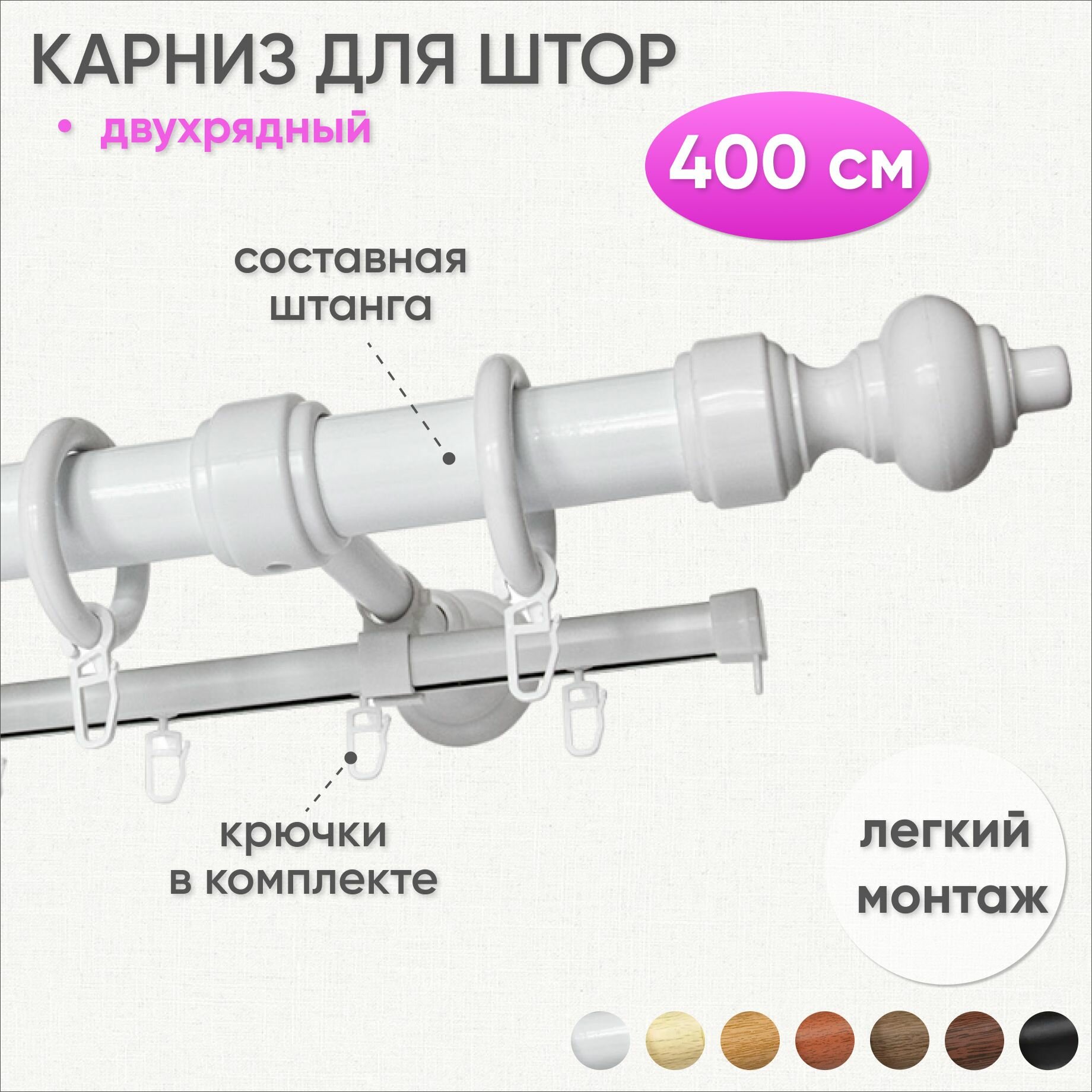 Карниз для штор и гардин настенный круглый двухрядный Белый 400 см