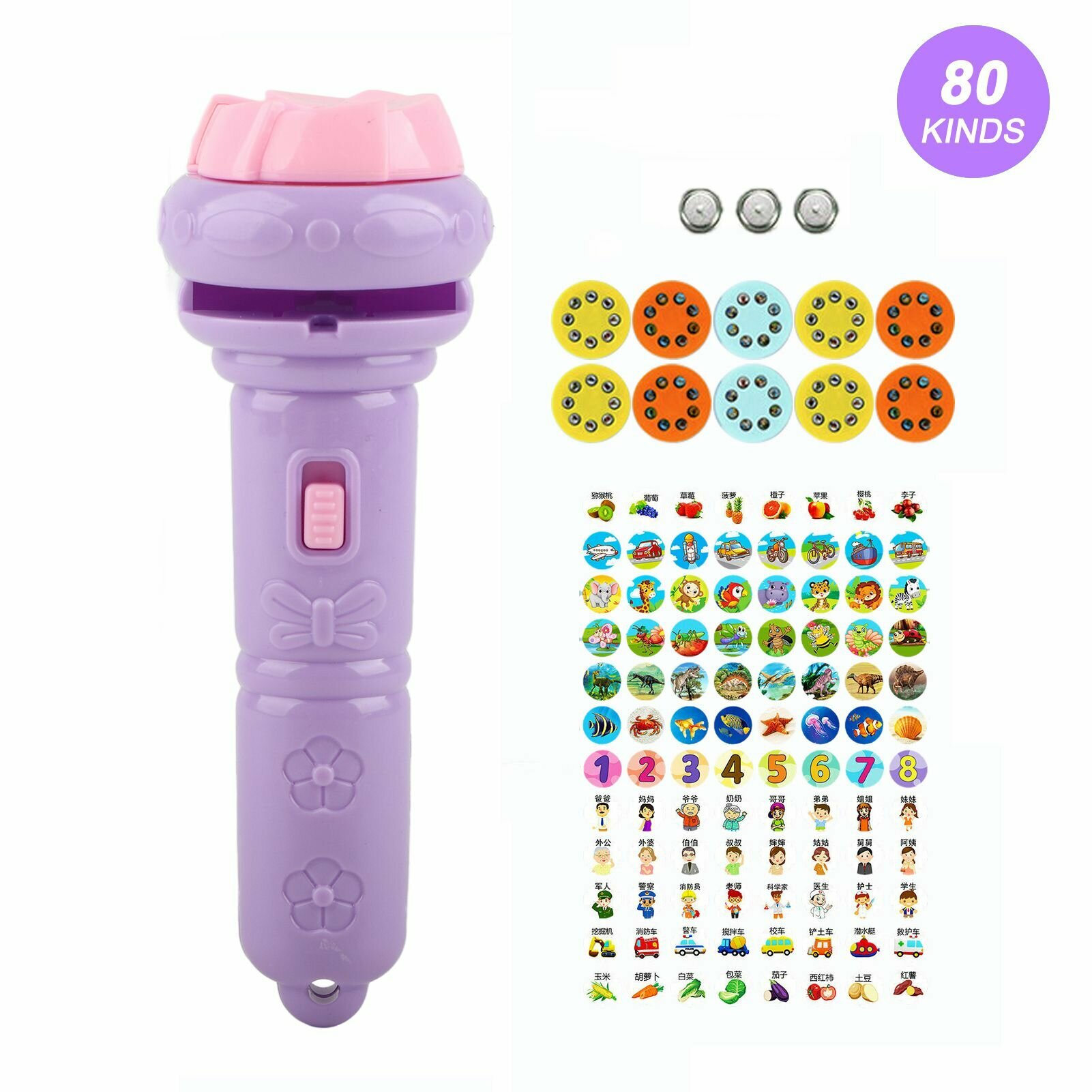 Детский проектор-фонарик с различными рисунками животных, проектор для раннего образования, науки, светящаяся игрушка, фиолетовый (80 моделей)