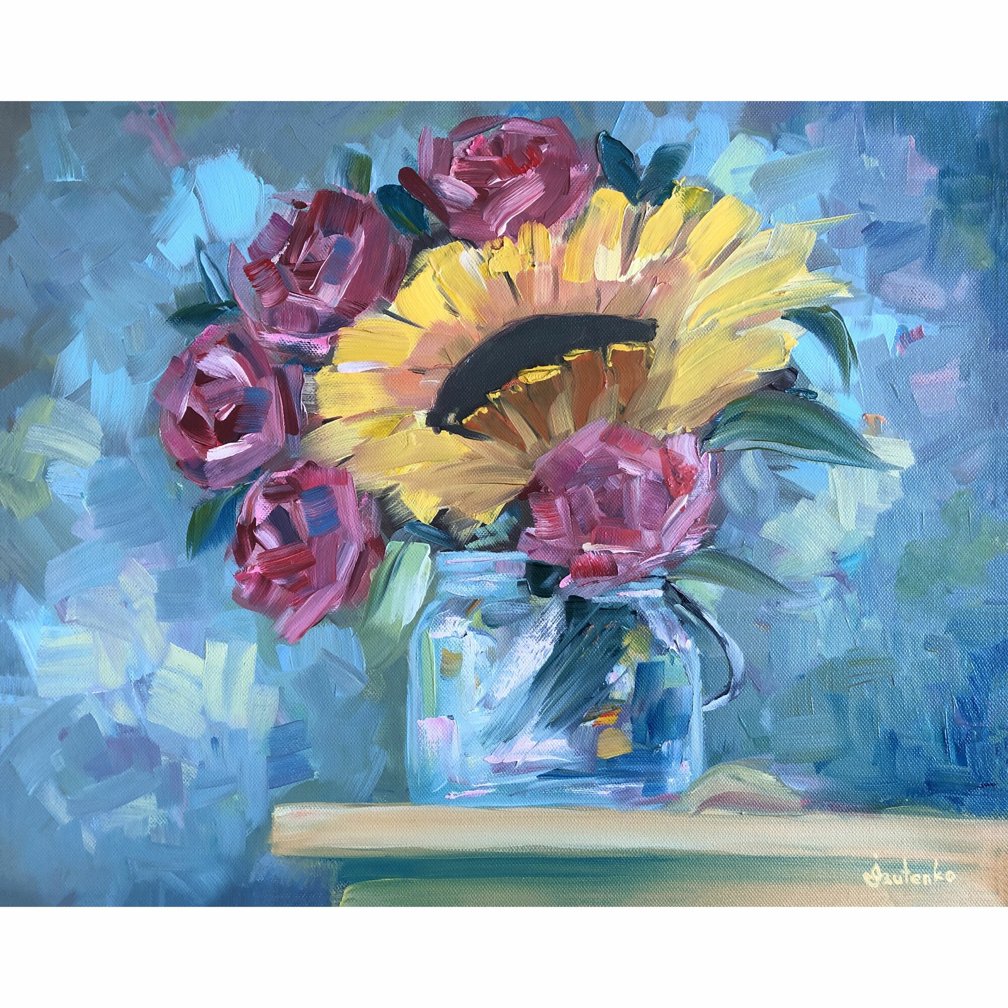 Натюрморт с розами и подсолнухом Картина маслом на холсте с подрамником