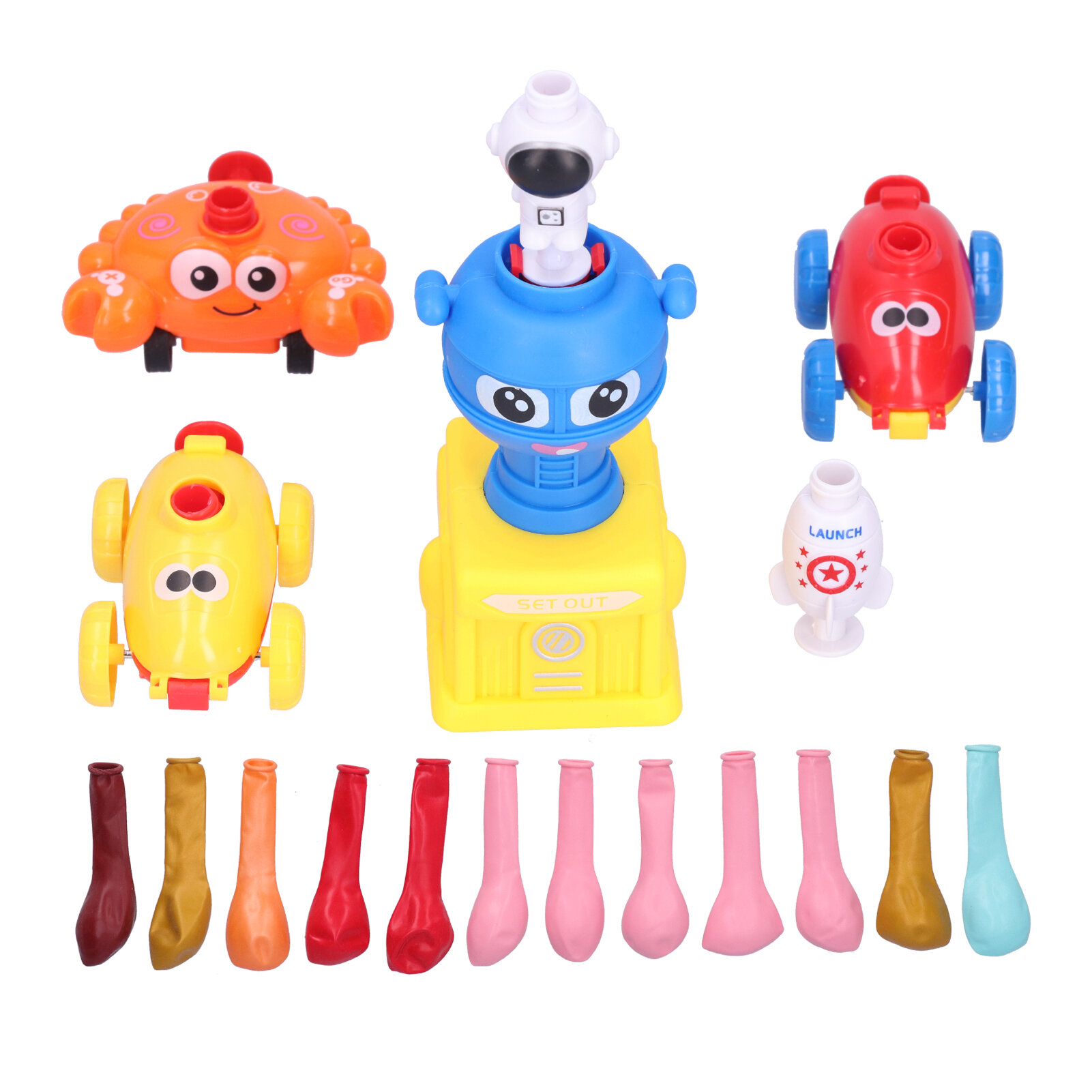 Игрушка-пушек для воздушных шаров Inertia Air Power Balloon Car Balloon Launcher Tower Educational Science Experiment Toy желтый, материал пластик, подходит для детей старше 3 лет, в комплект входят 1 насос, 1 пушка, 2 машинки, 12 шаров (случайный цвет),