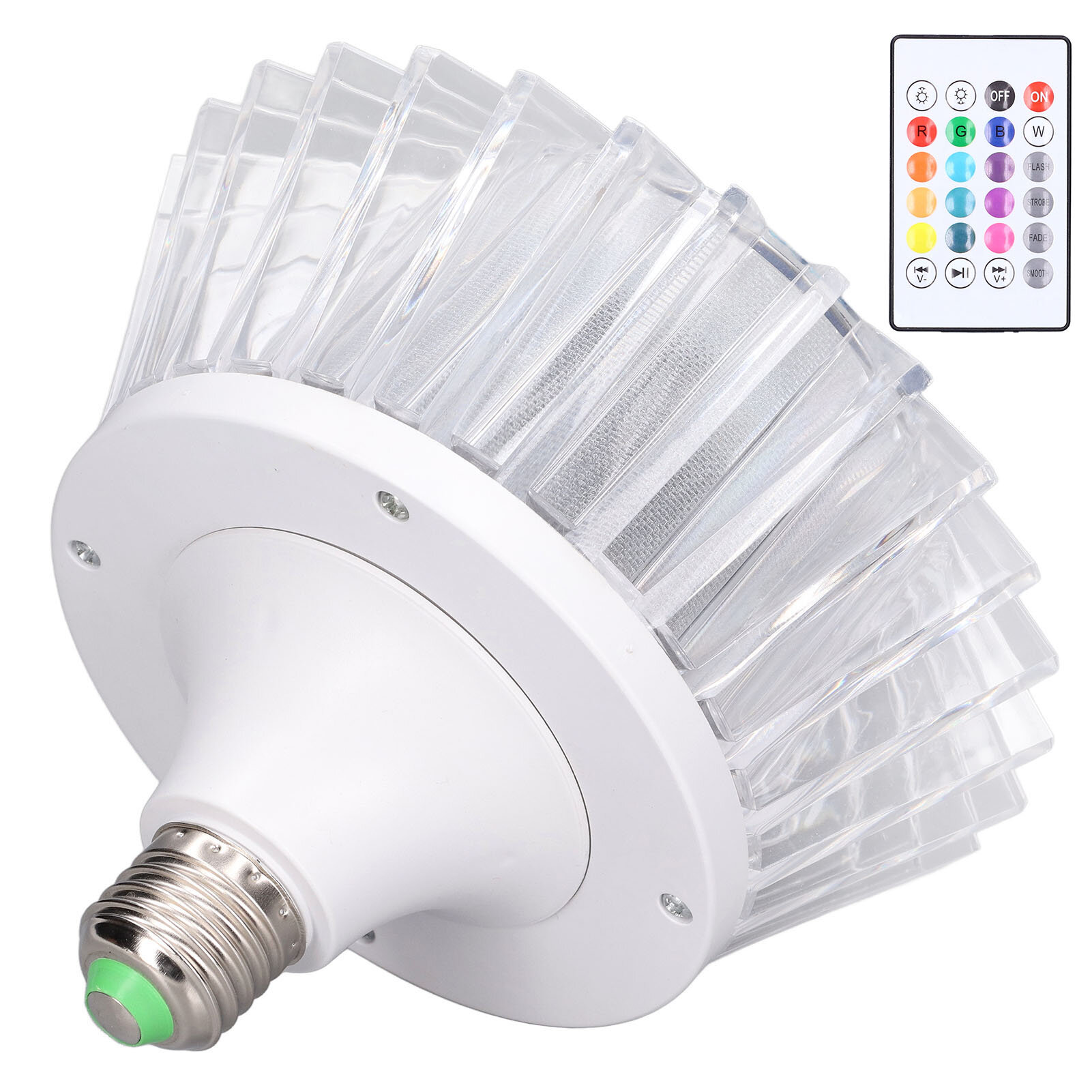 LED Music Bulb RGB с встроенным динамиком, пульт управления 24 кнопки, широкое применение, материал ABS и PC, размер 16 x 14 см, мощность 18W, источник света RGB + W, вес 494 г, в комплект входят 1 LED Music Bulb и 1 пульт управления