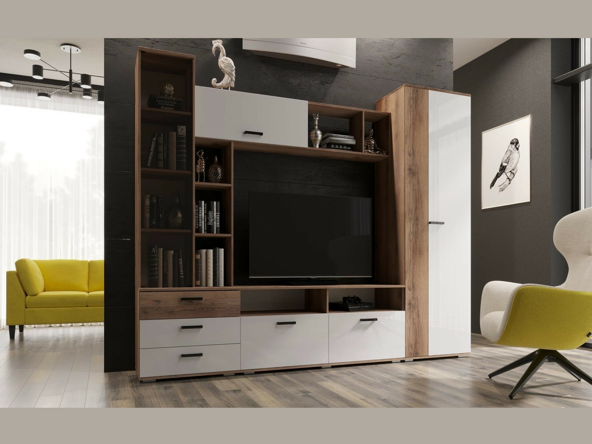 Гостиная с глянцевыми ЛДСП фасадами, (Дуб Делано, Белый глянец)